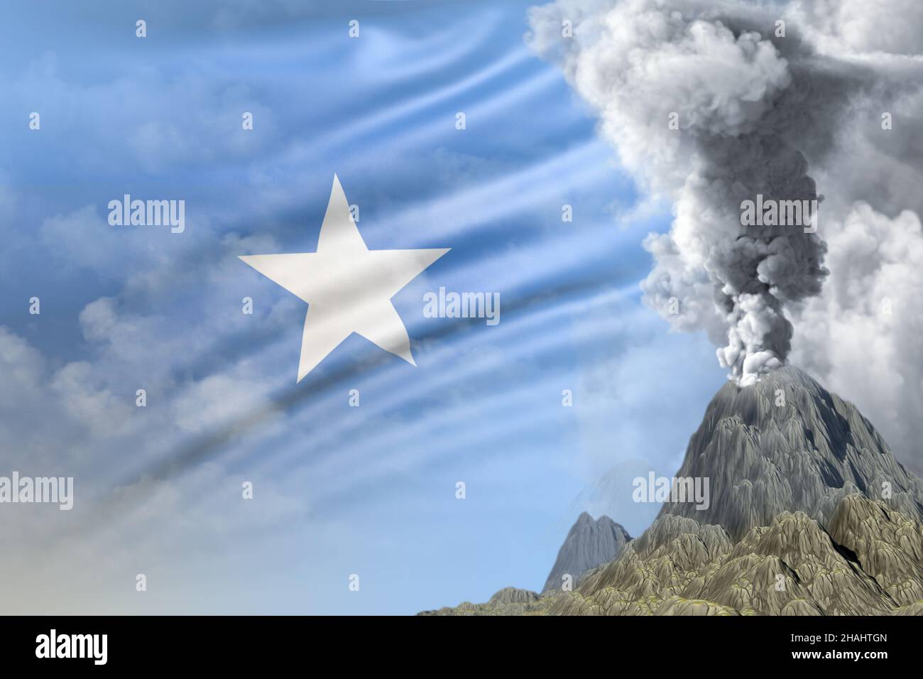 high volcano blast eruption at day time with white smoke on Somalia ...