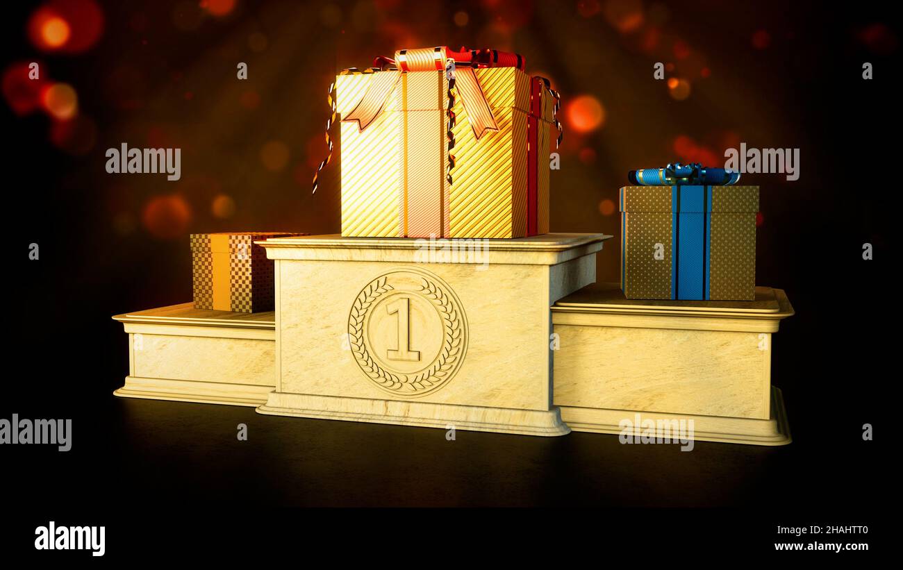 winners award pedestal with surprise gift boxes on lighting backdrop ...