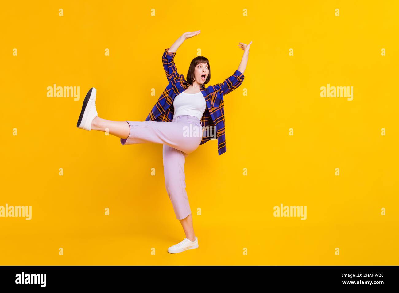 Full length body size view of pretty cheery funky girl dancing having ...