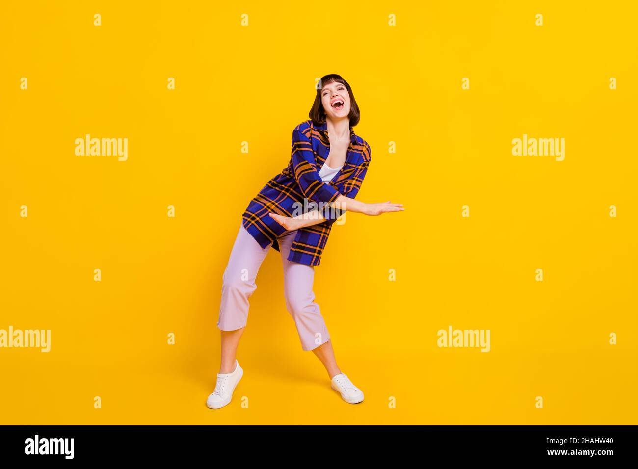 Full length body size view of attractive cheerful girl dancing having ...