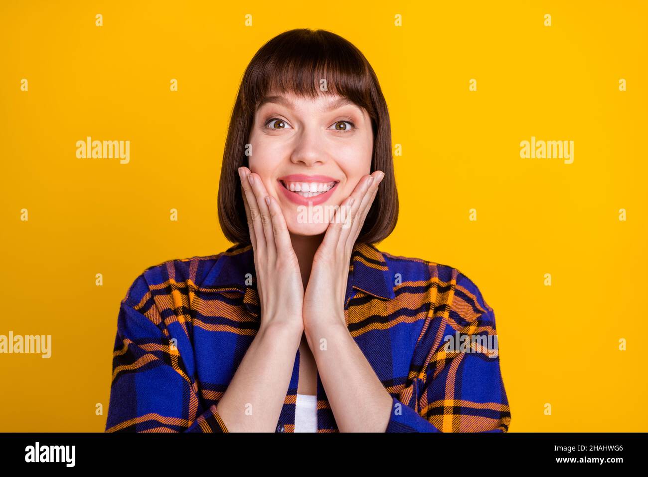 Portrait of attractive cheerful pleased girl enjoying good mood ...