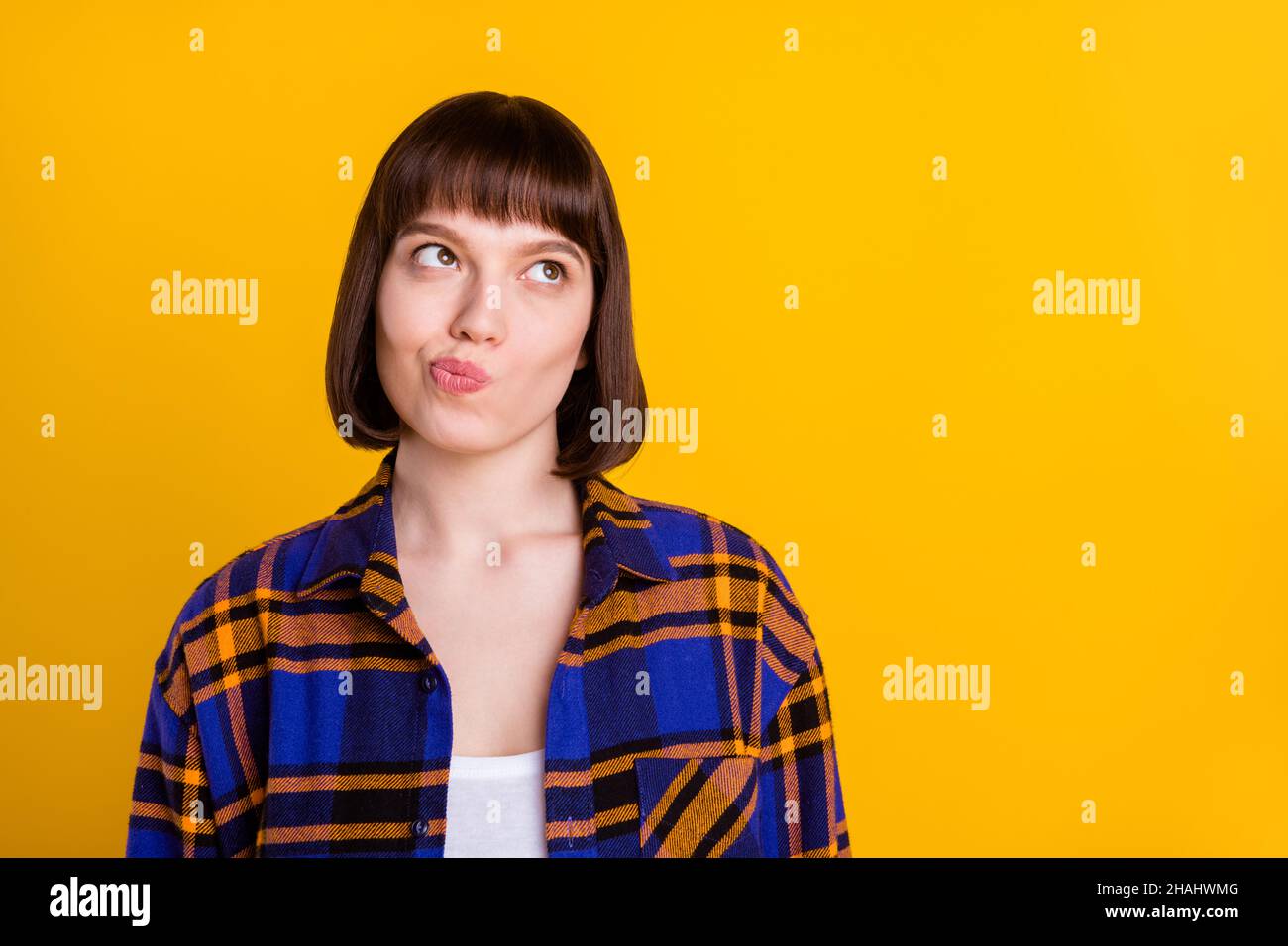 Portrait of attractive minded girl overthinking copy blank space ...