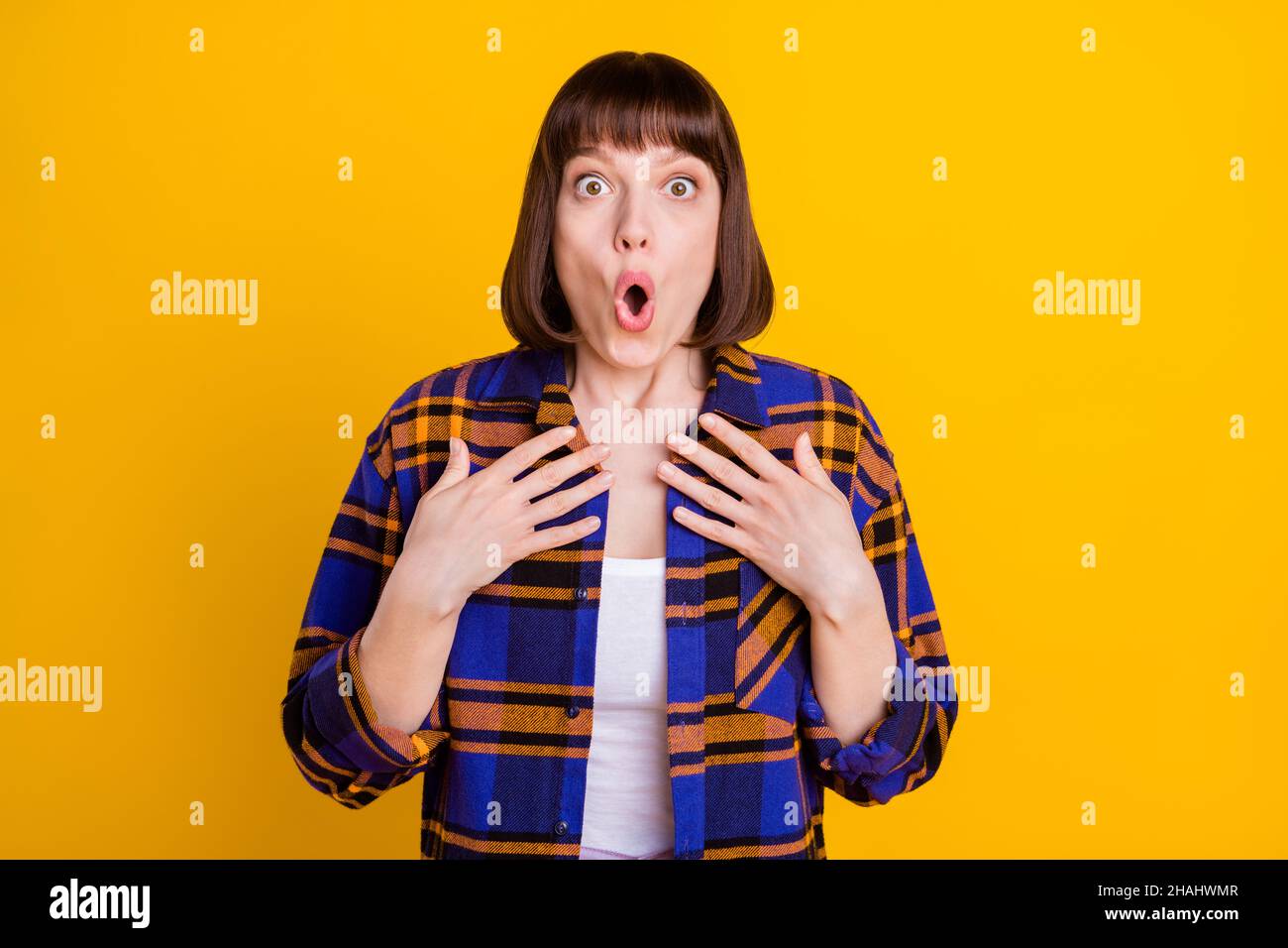 Portrait of attractive amazed worried funky girl pout lips no way ...