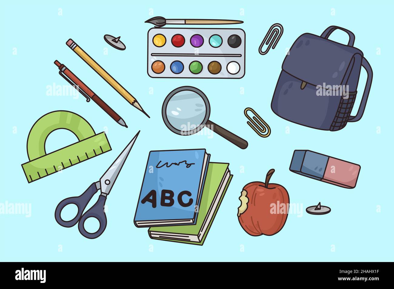 Set of objects for learning or studying. Colorful collection of pupil ...