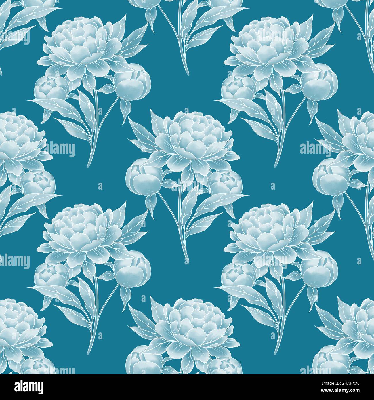 Blue peonies seamless floral pattern. Oriental style vintage flowers ...
