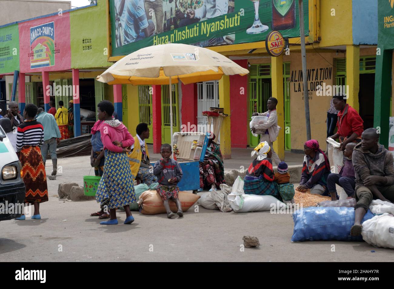 RUBAVU, RWANDA - Nov 16, 2018: Colorful shops along the main road, busy ...
