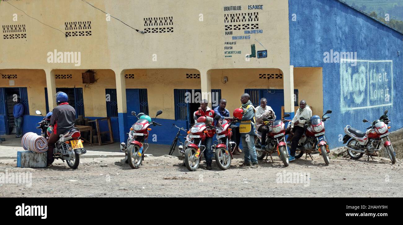 MUSANZE, RWANDA - Nov 16, 2018: Moto taxi's waiting for customers along ...