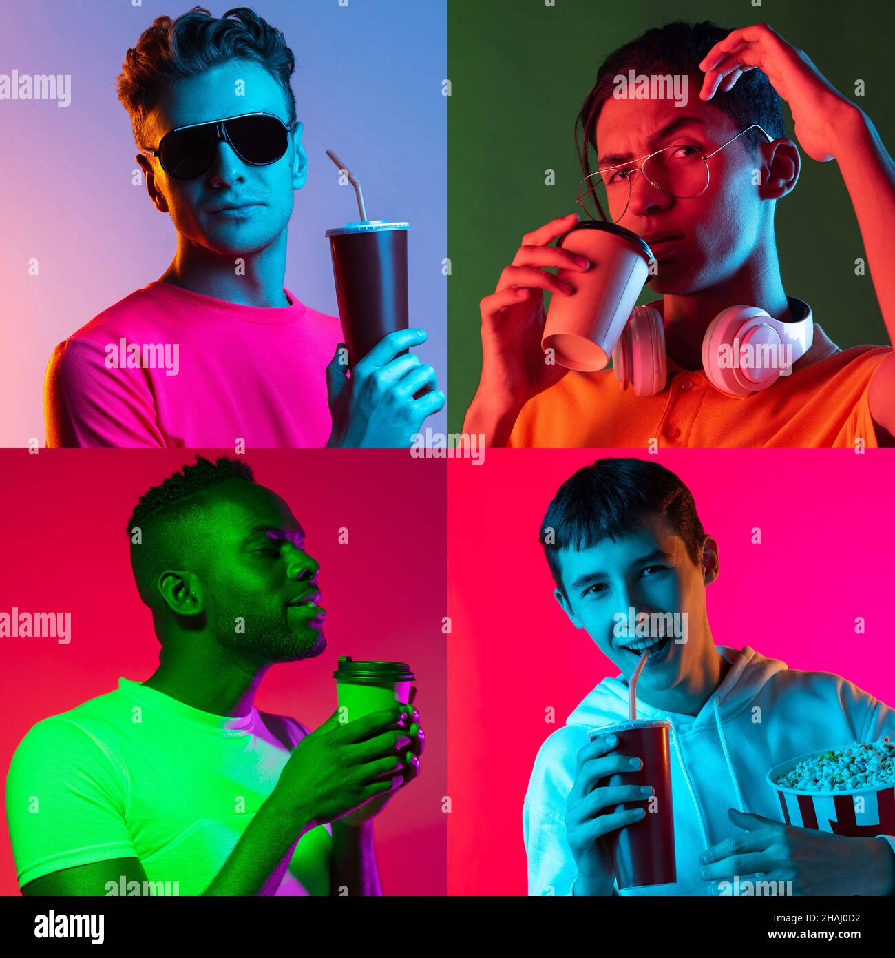 Portraits of group of multiethnic young men isolated on multicolored ...