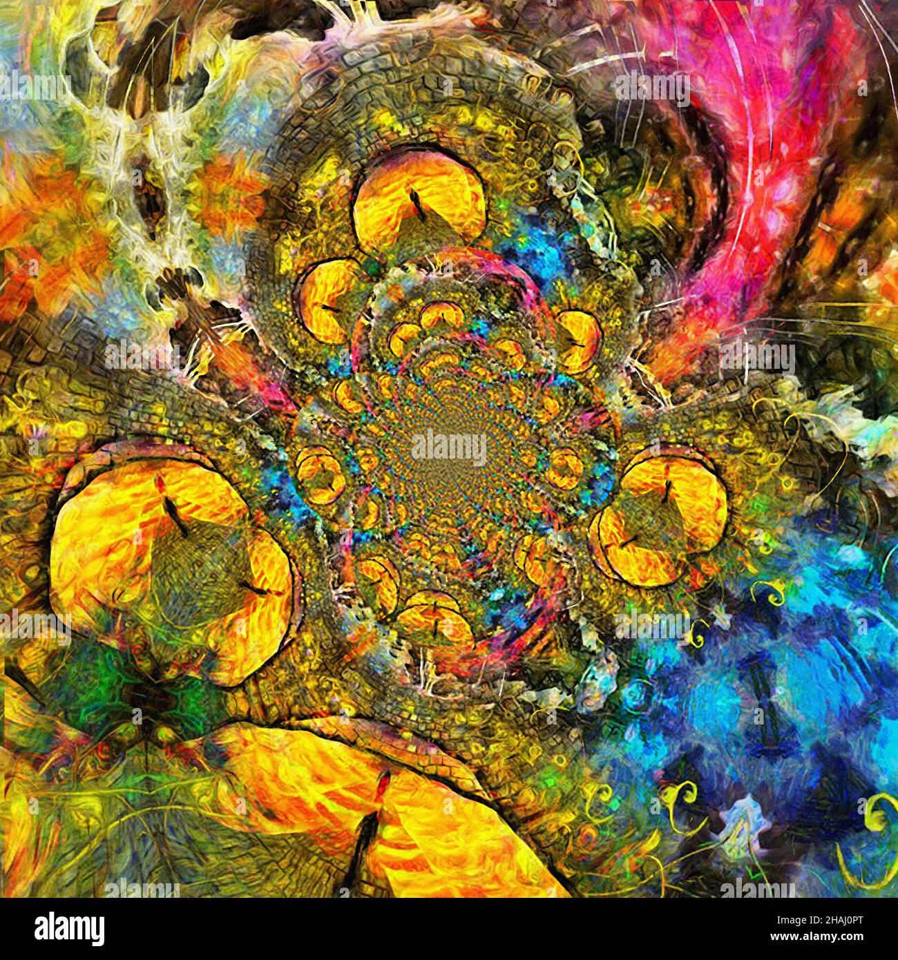 Abstract painting. Mirrored round fractal with a picture of lonely man ...