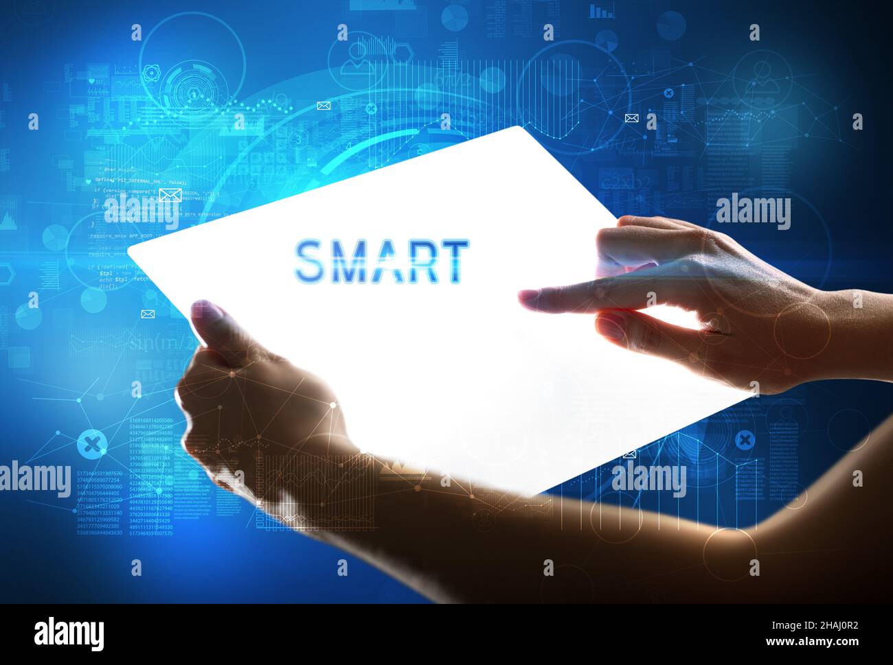 Hand holdig futuristic tablet , technology concept Stock Photo - Alamy