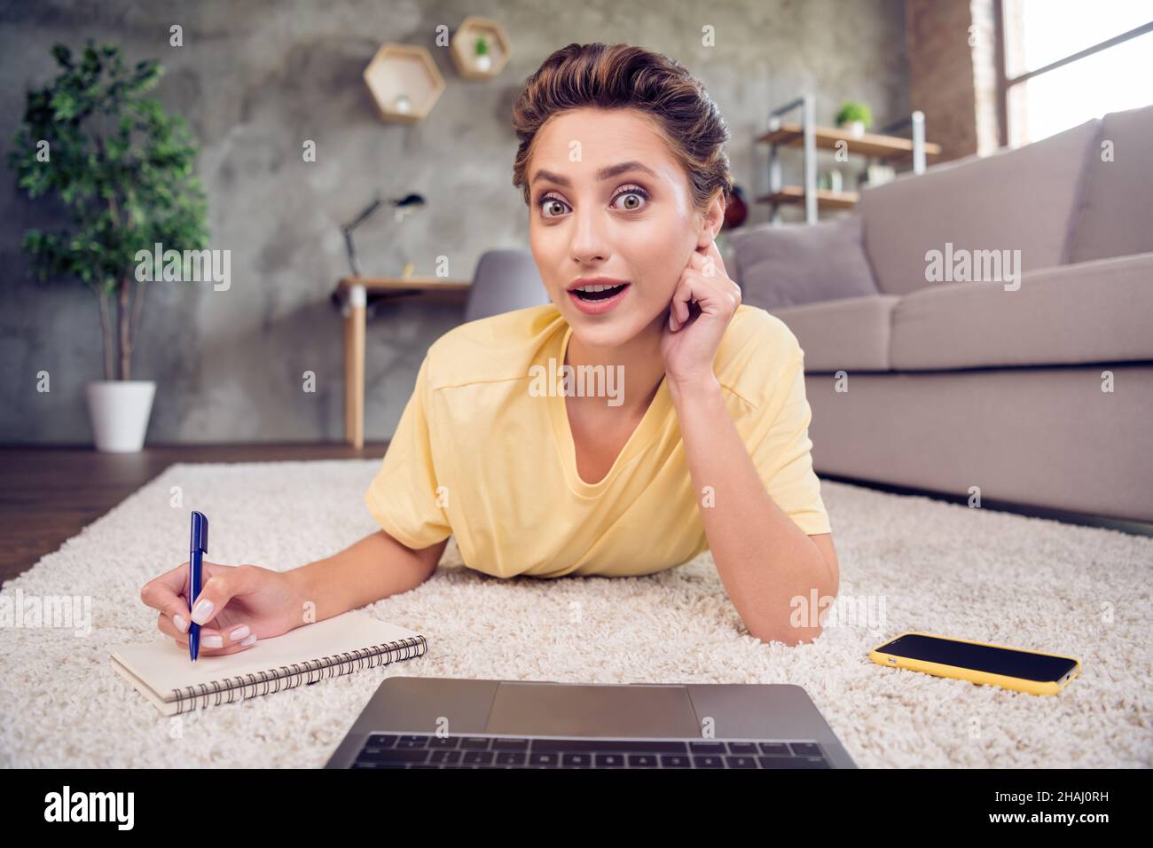 Photo of amazed crazy lady use netbook webcam write pad omg reaction ...