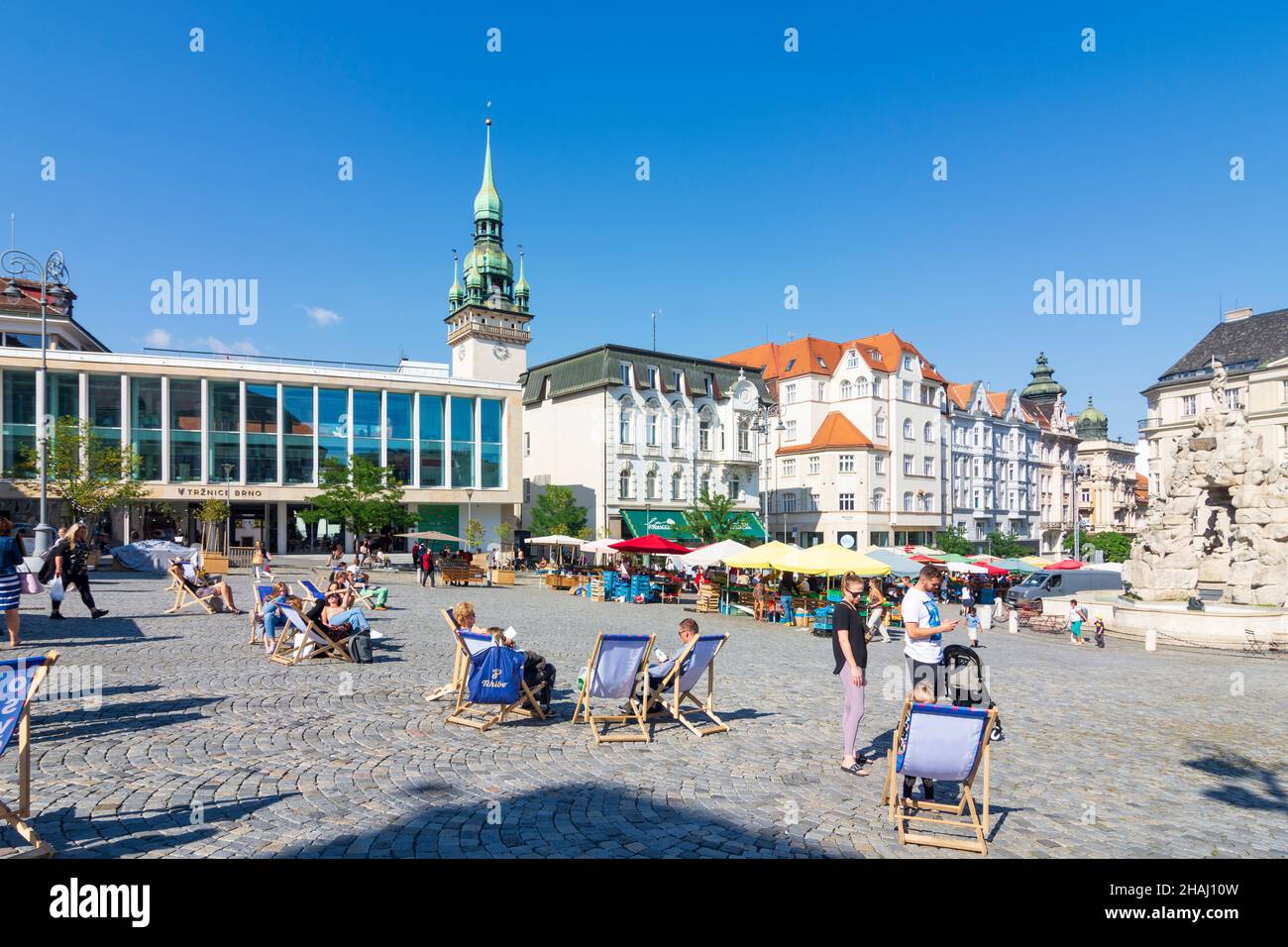 Brno (Brünn): Vegetable Market, Old Town Hall tower, Parnas fountain ...