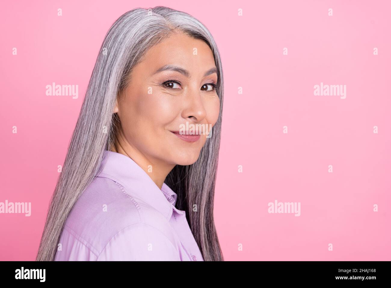 Profile side view portrait of attractive well-groomed cheery gray ...