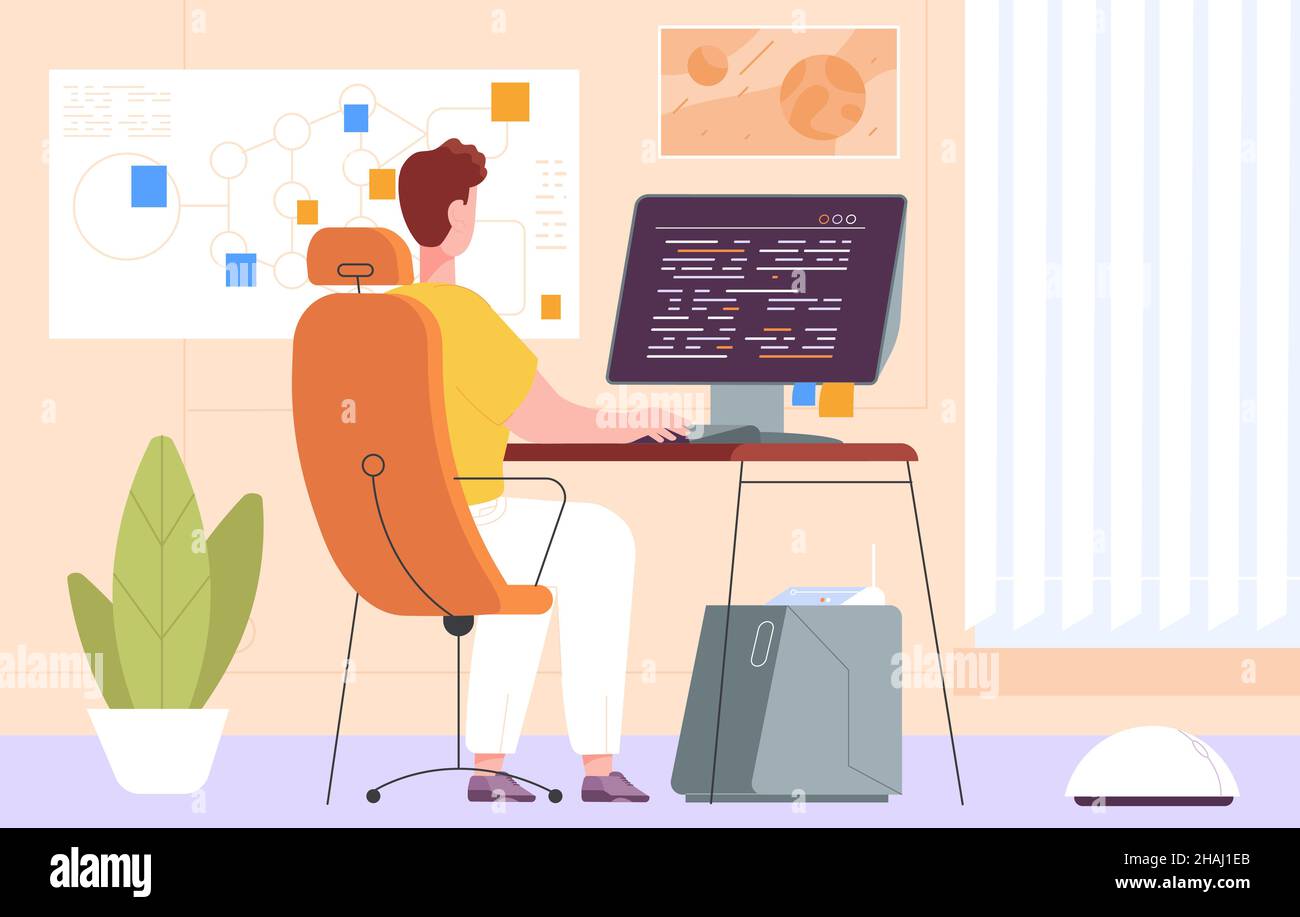 Online programmer career. Man at computer desk works remote home office ...
