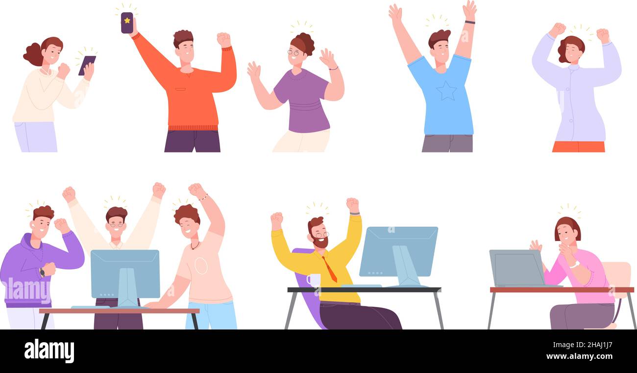 People rejoice luck. Winners celebrate success win victory, achievement ...