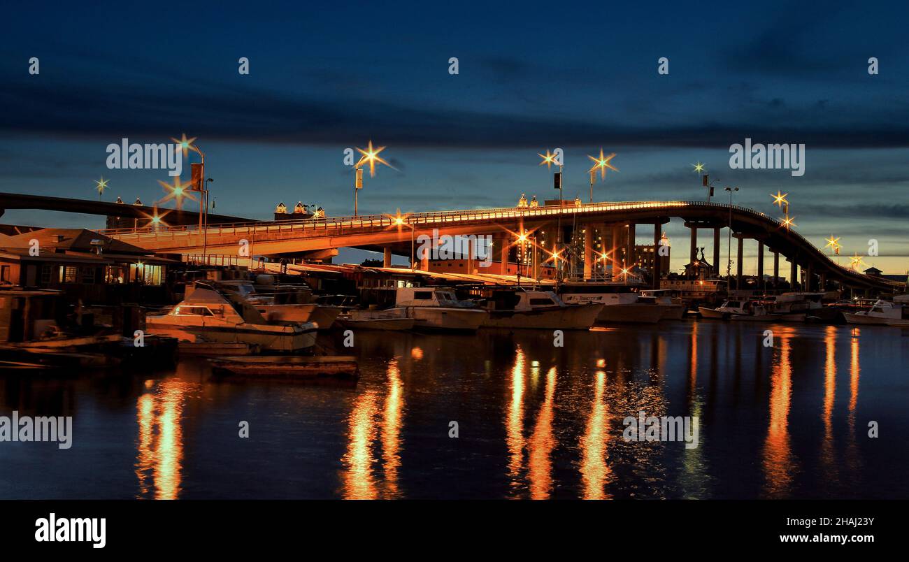 Paradise Island bridge at night. The bridge that connects Nassau ...