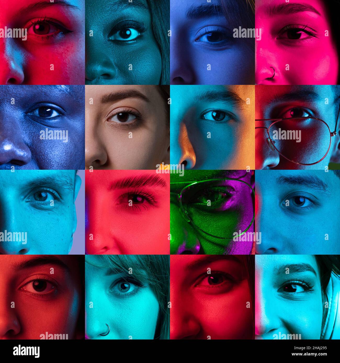 Square set of open eyes of young multiethnic men and girls on colored ...