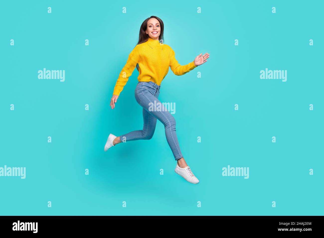 Full length body size view of attractive cheerful thin girl jumping ...