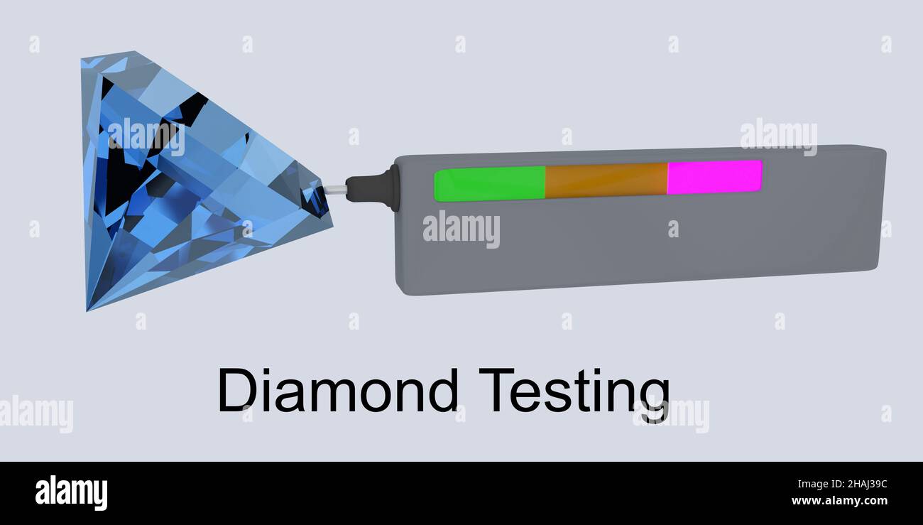 3D illustration of a diamond tester testing a blue diamond with the ...
