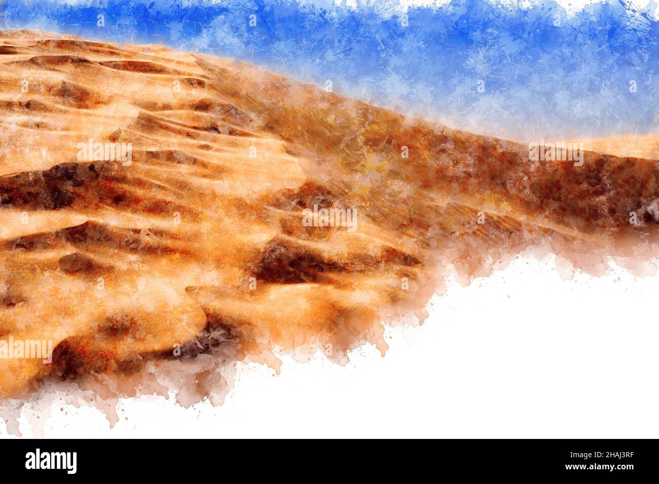 Watercolor drawing Lonely sand dunes in a strong wind under the sky ...