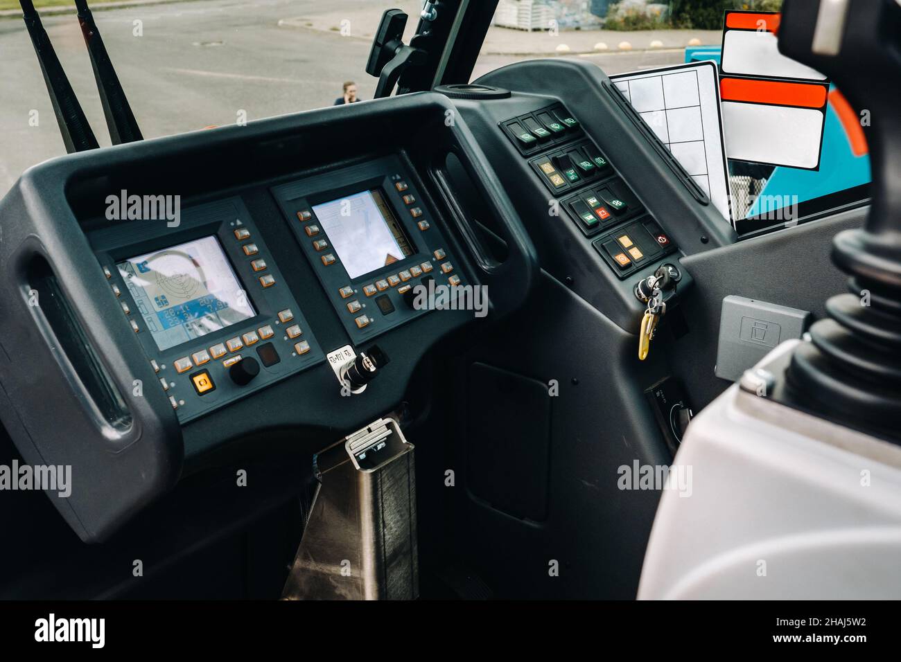 The control panel of the crane in the driver's cabin of the automobile ...