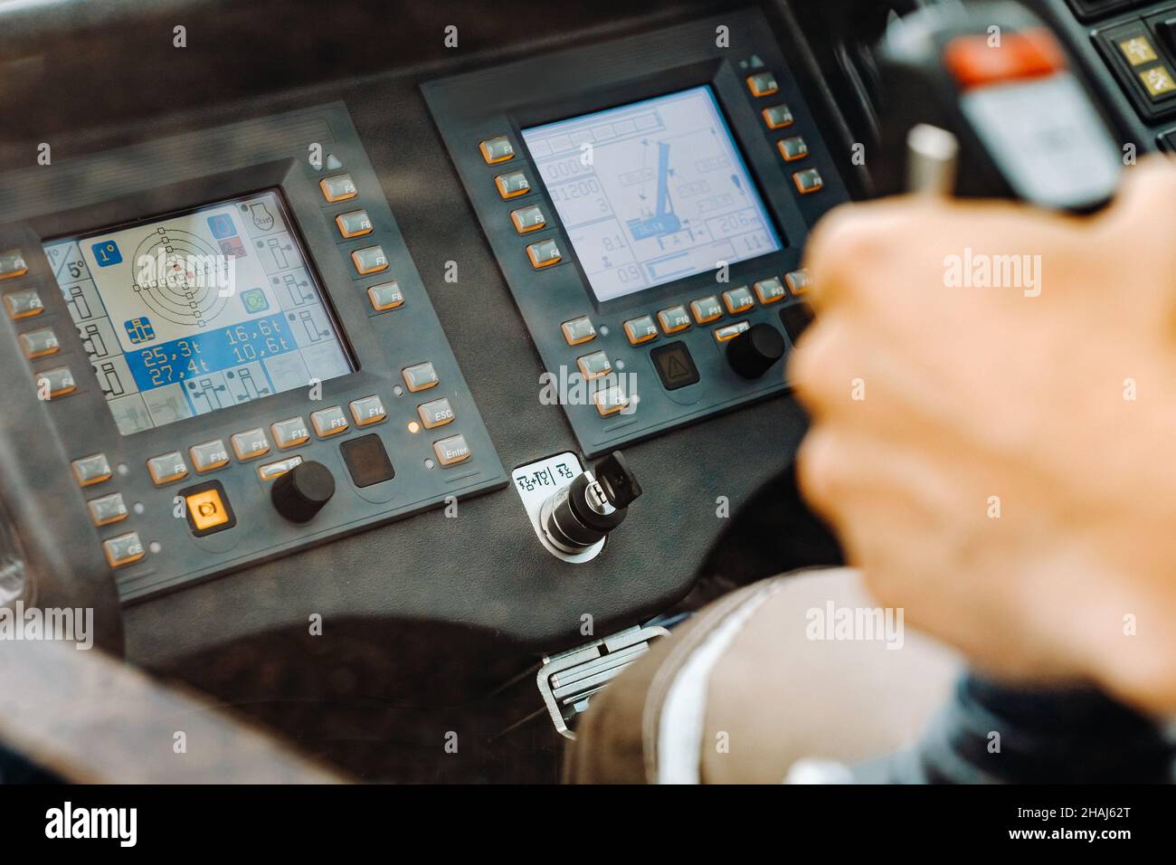 The control panel of the crane in the driver's cabin of the automobile ...
