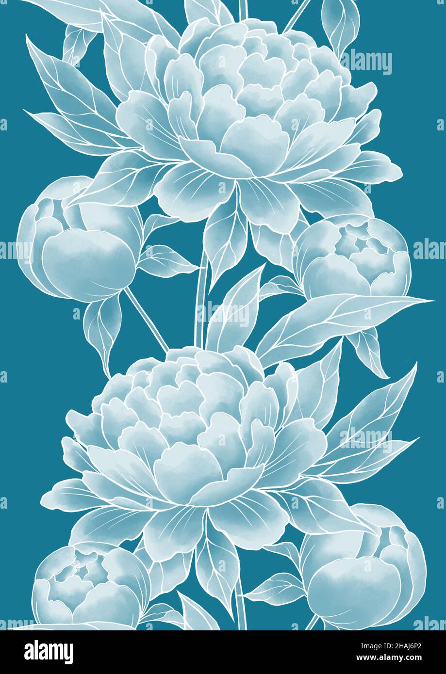 Blue peonies seamless floral border. Oriental style vintage flowers ...