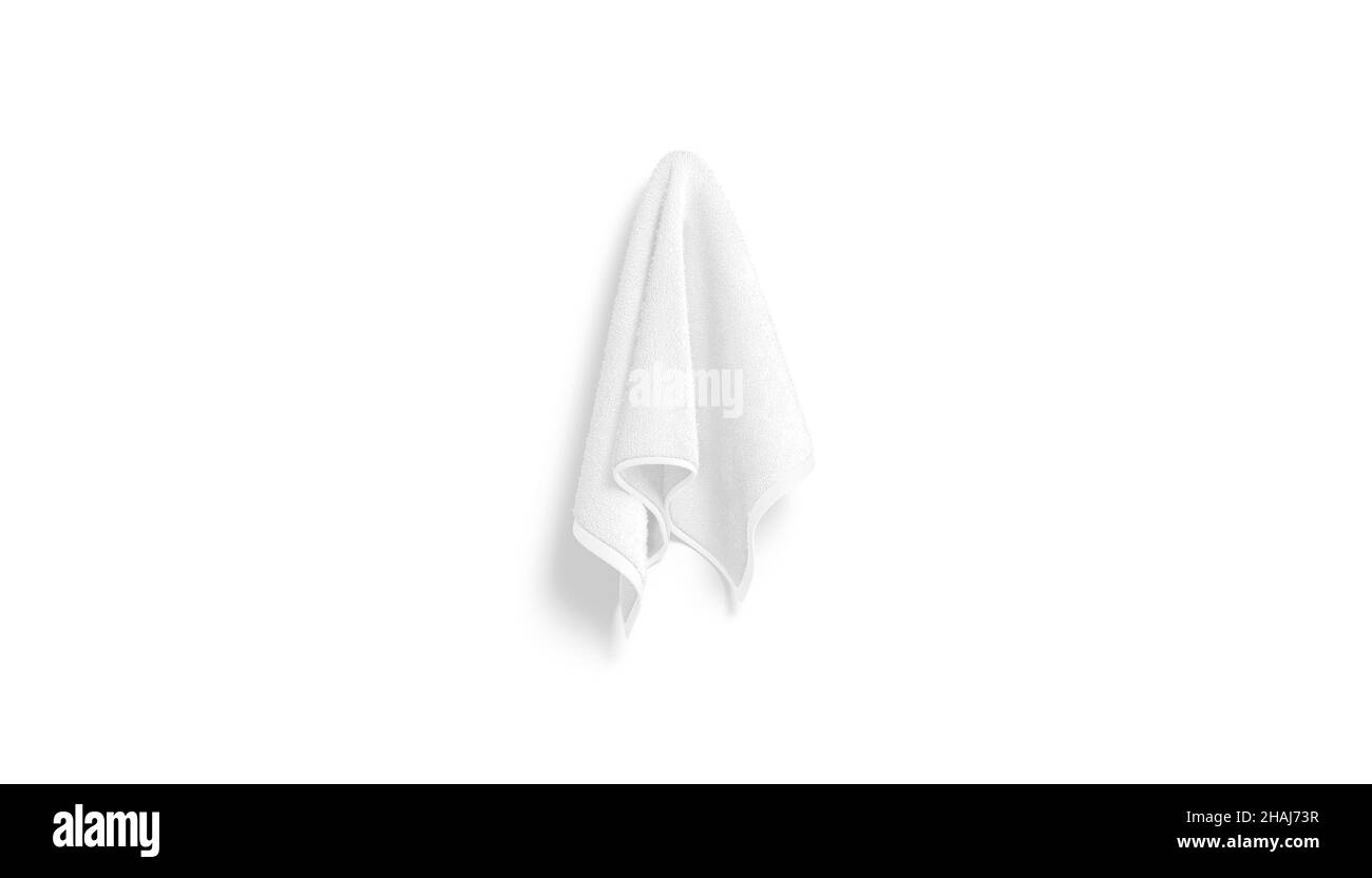 Blank white towel hanging on hook mockup, front view Stock Photo - Alamy
