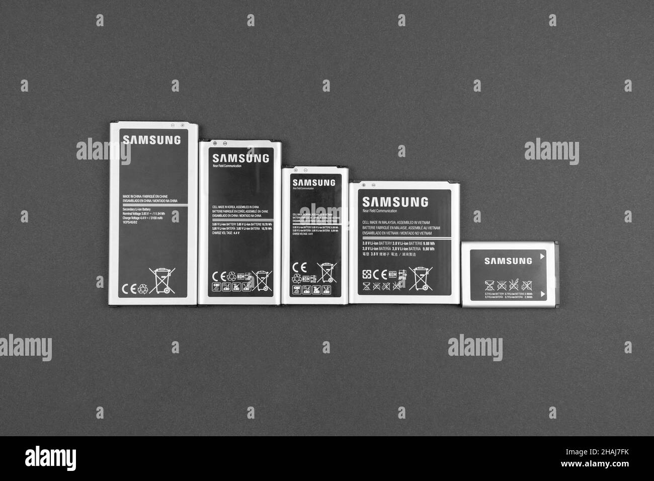 Prague, CZ - 13 December 2021: Used Samsung batteries in various sizes ...