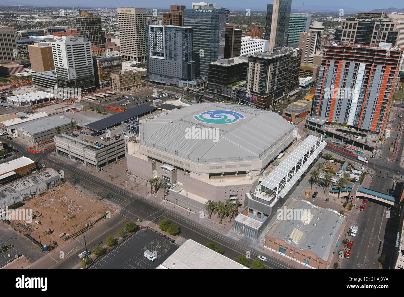 An aerial view of the Footprint Center and downtown skyline, Tuesday ...