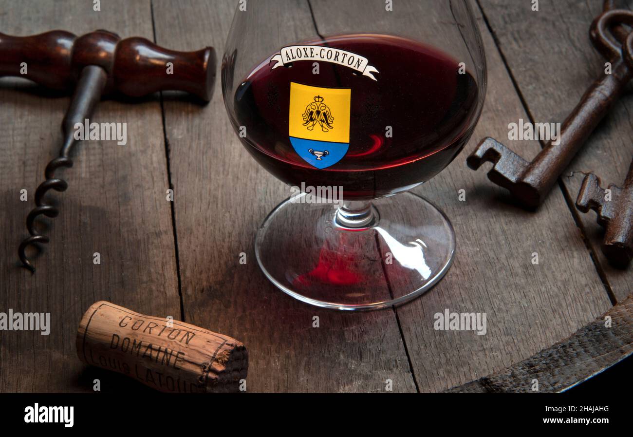 ALOXE CORTON French Burgundy wine tasting situation in cellar with ...