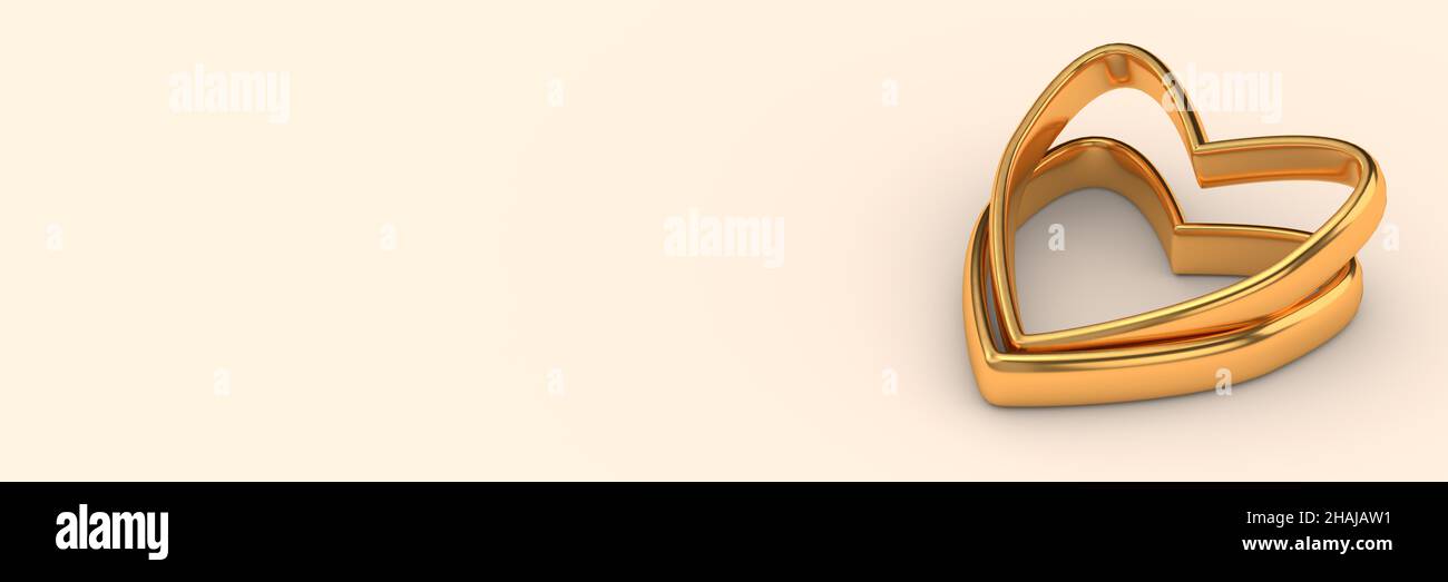 Heart with two connected gold wedding rings with blank background. 3d ...