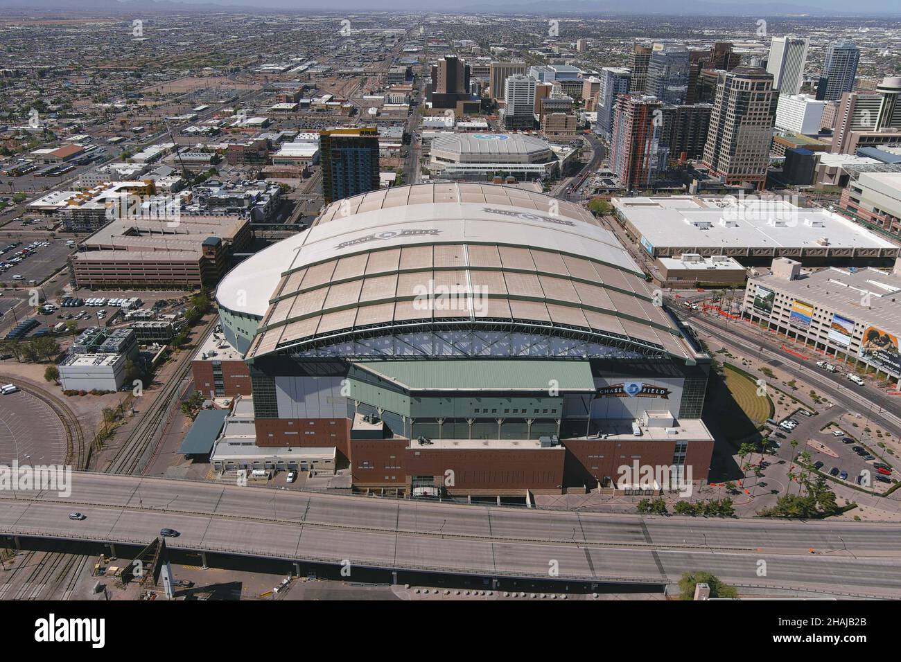 An aerial view of Chase Field and the downtown skyline, Tuesday, March ...