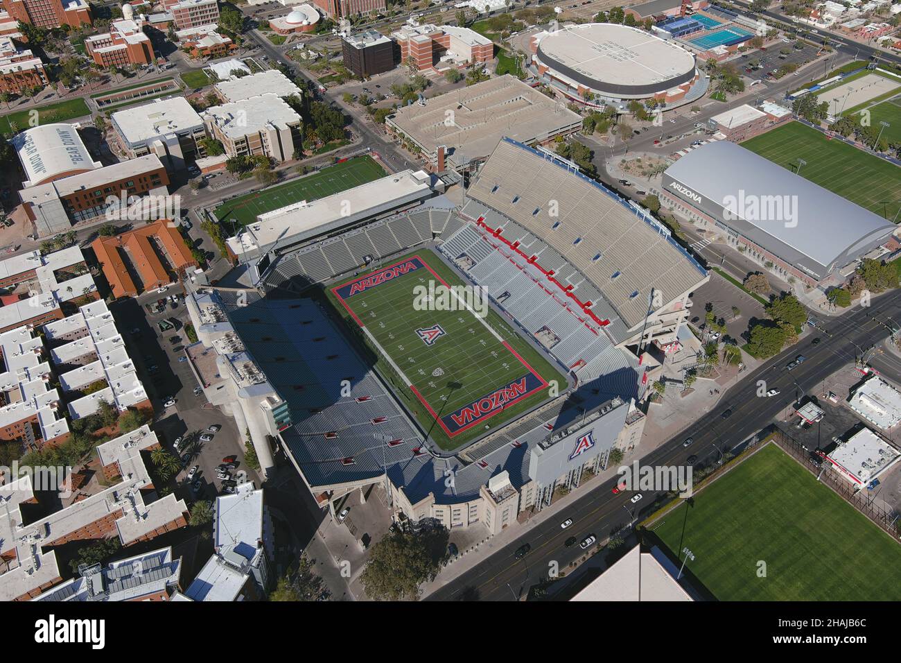 An aerial view of Arizona Stadium, Tuesday, March 2, 2021, in Tucson ...