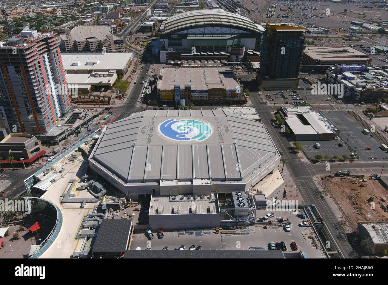 An aerial view of the Footprint Center (foreground) and Chase Field ...