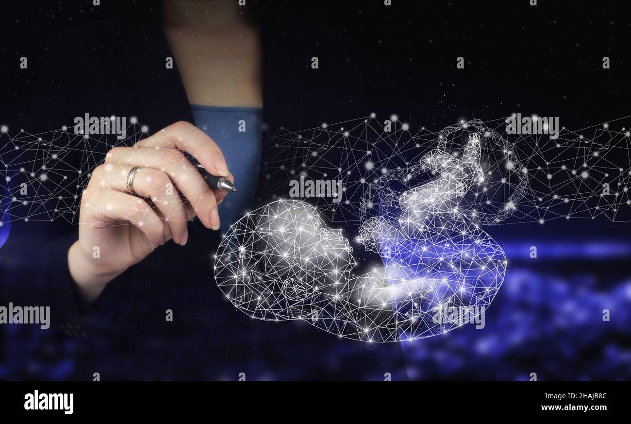 Neural networks and other concepts of modern technologies. Hand holding ...