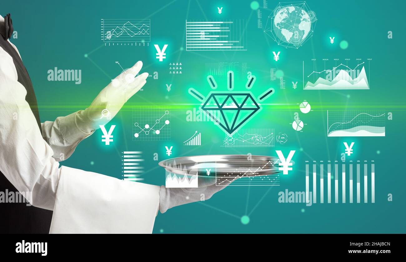 Handsome young waiter in tuxedo holding currency icons on tray Stock Photo - Alamy