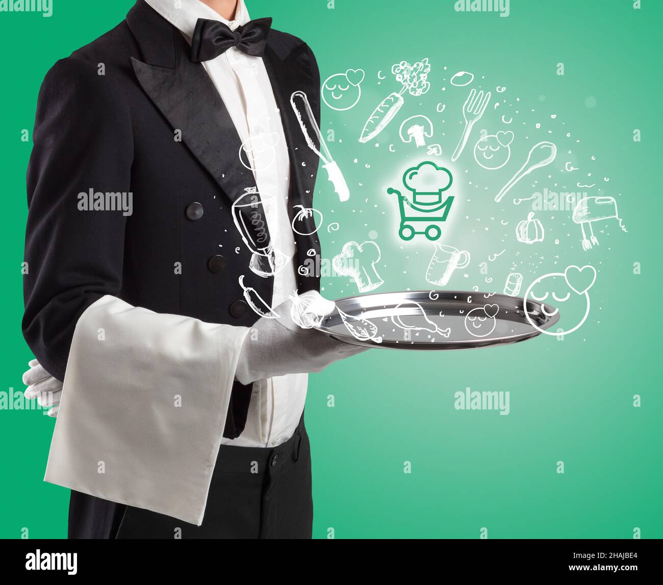 Waiter holding silver tray with food icons above Stock Photo - Alamy