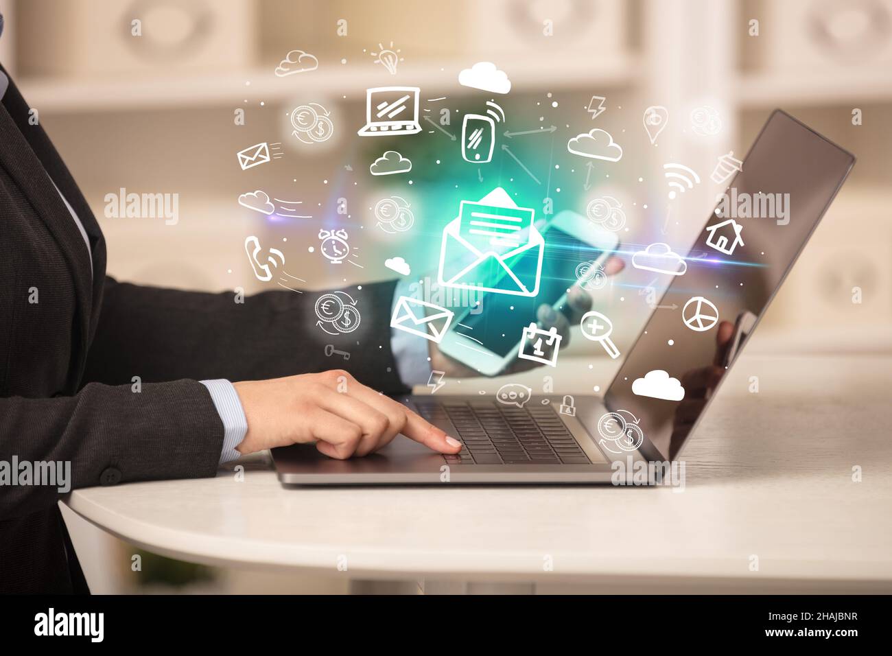 Businessman working on laptop with new business concept Stock Photo - Alamy