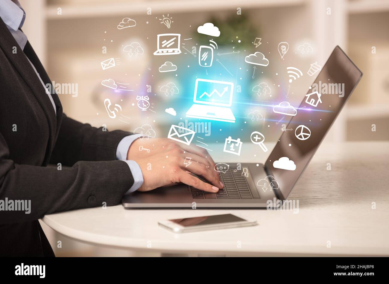 Businessman working on laptop with new business concept Stock Photo - Alamy