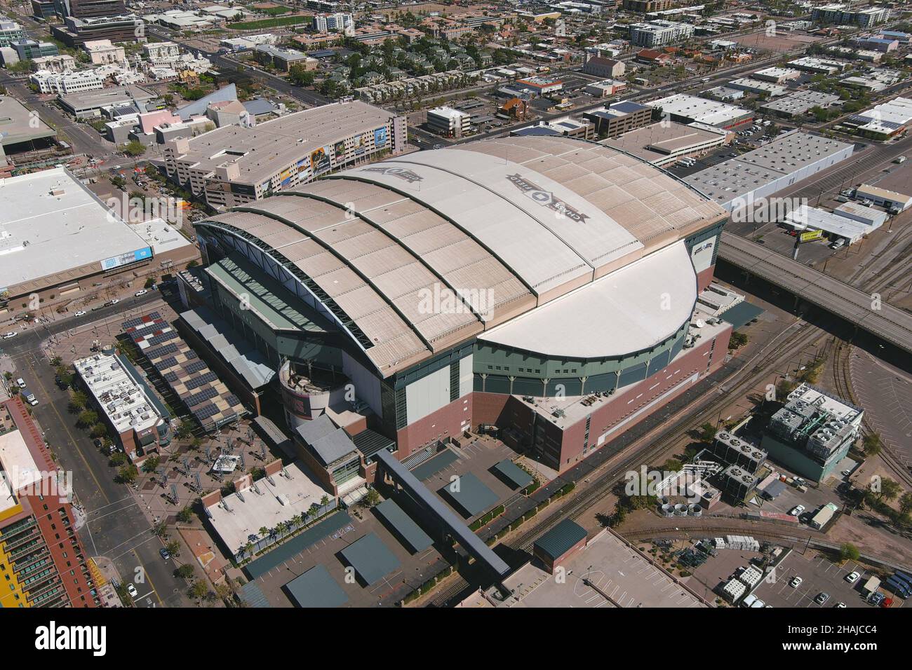 An aerial view of Chase Field, Tuesday, March 2, 2021, in Phoenix. The ...