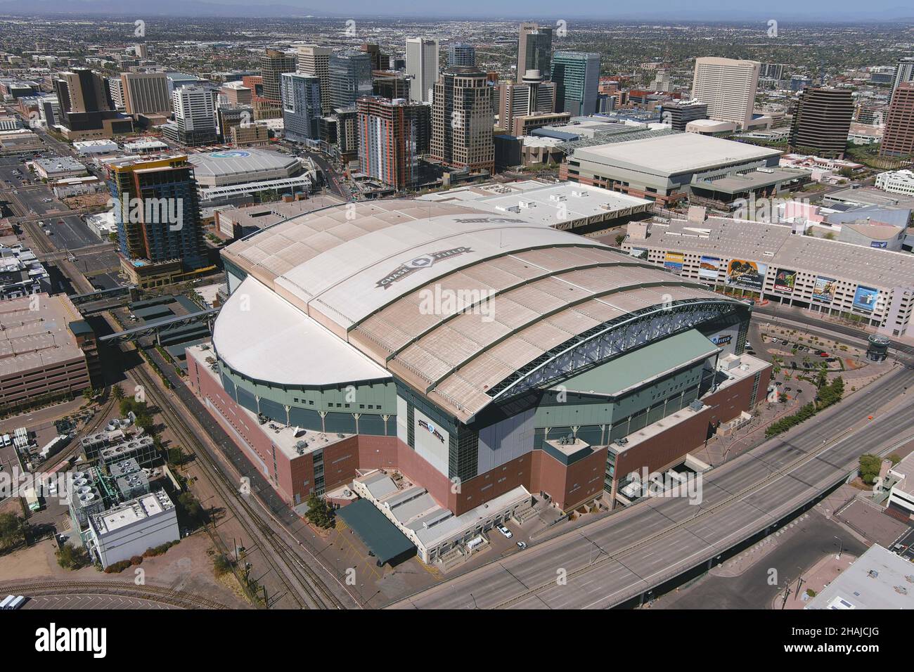 An aerial view of Chase Field and the downtown skyline, Tuesday, March ...