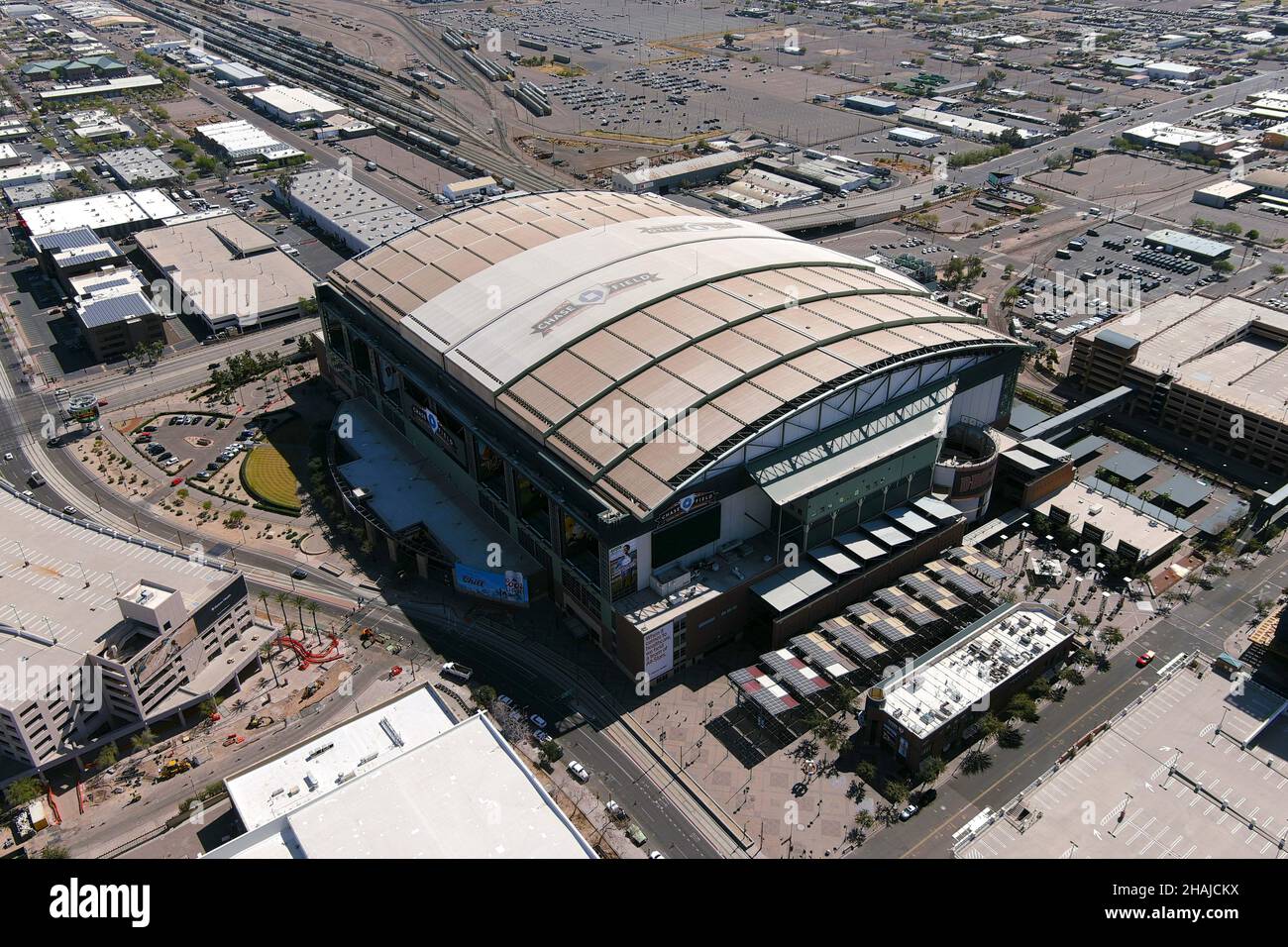 An aerial view of Chase Field, Tuesday, March 2, 2021, in Phoenix. The ...