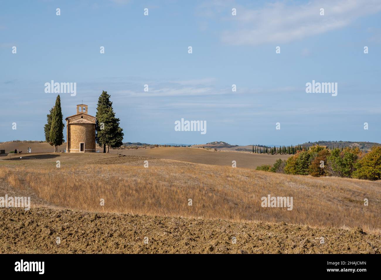 Chapel of the Madonna di Vitaleta surrounded by fir trees, Italy Stock ...