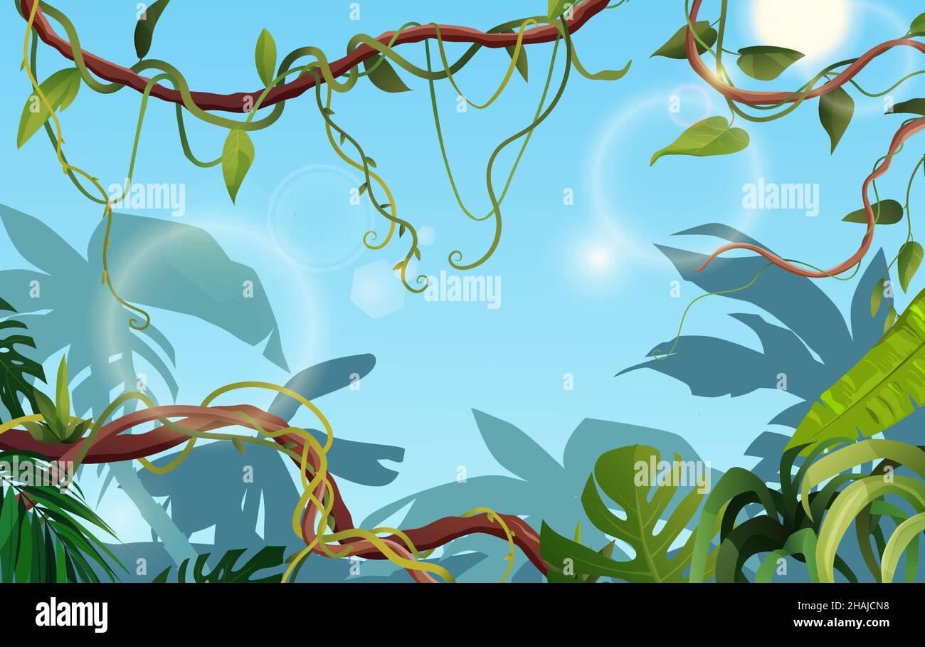 Liana or vine winding branches with tropic leaves background. Jungle ...