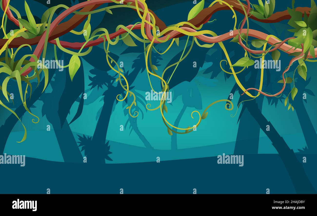 Liana or vine winding branches with tropic leaves background. Jungle ...