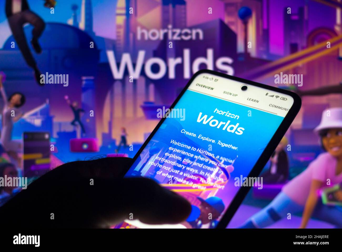 In this photo illustration the Horizon Worlds logo seen displayed on a ...