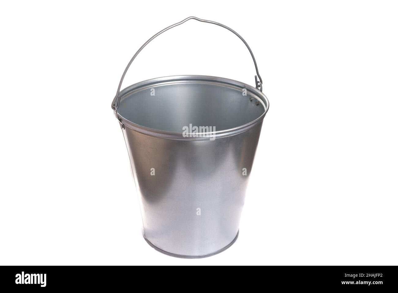 empty stainless steel bucket with handle on white isolated background ...