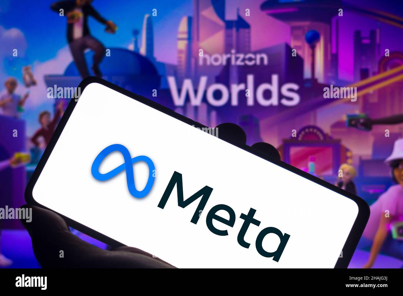 In this photo illustration the Meta Platforms logo seen displayed on a ...