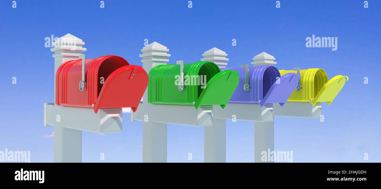 Colorful mailboxes set on blue sky background. Retro mail boxes on ...